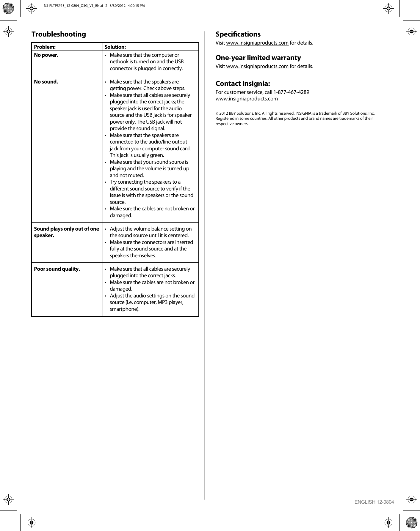 Insignia Ns Pltpsp13 Quick Start Guide PLTPSP13_12 0804_QSG_V1_EN