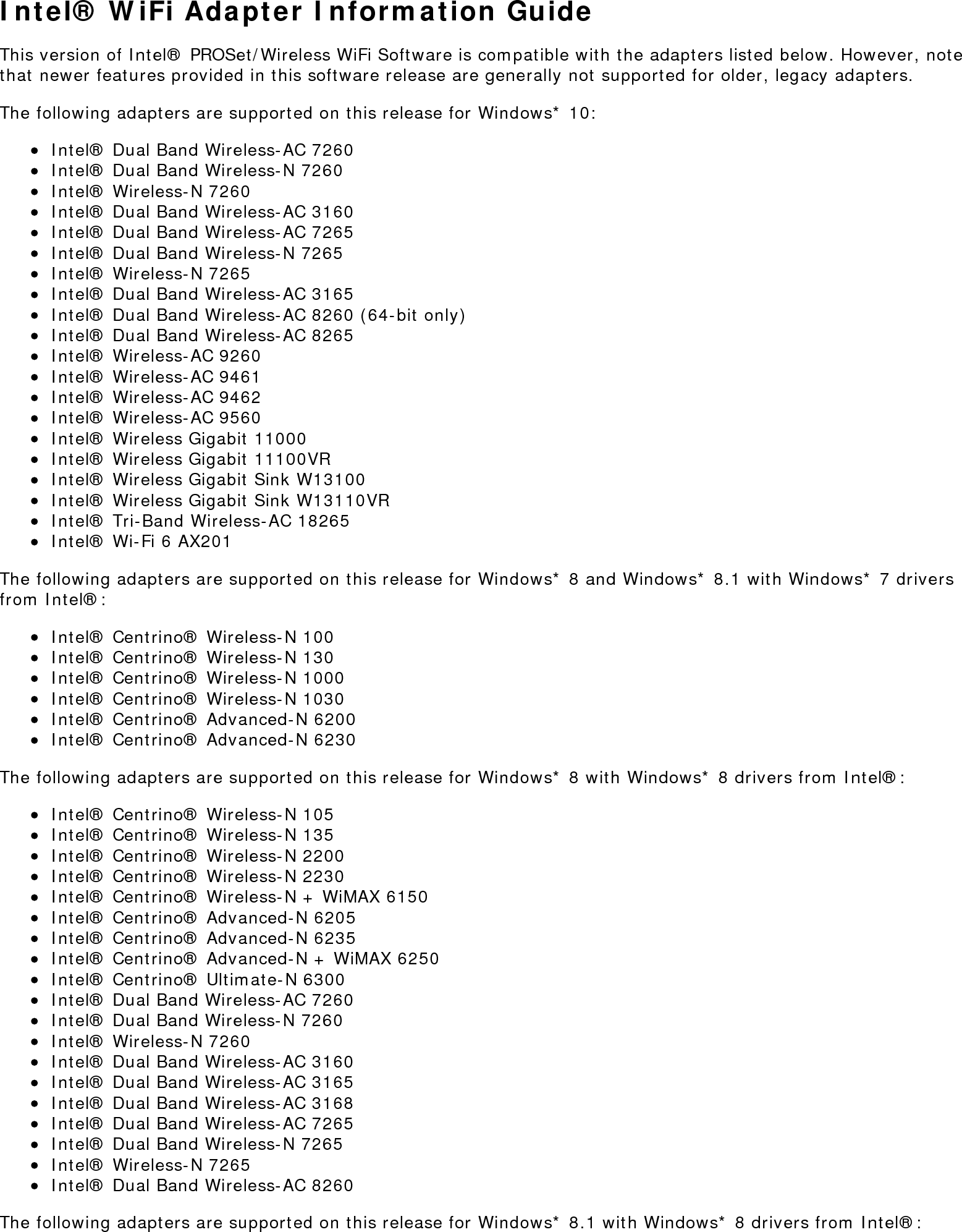Intel AX201D2L Intel WiFi 6 AX201 User Manual Intel WiFi Adapter ...