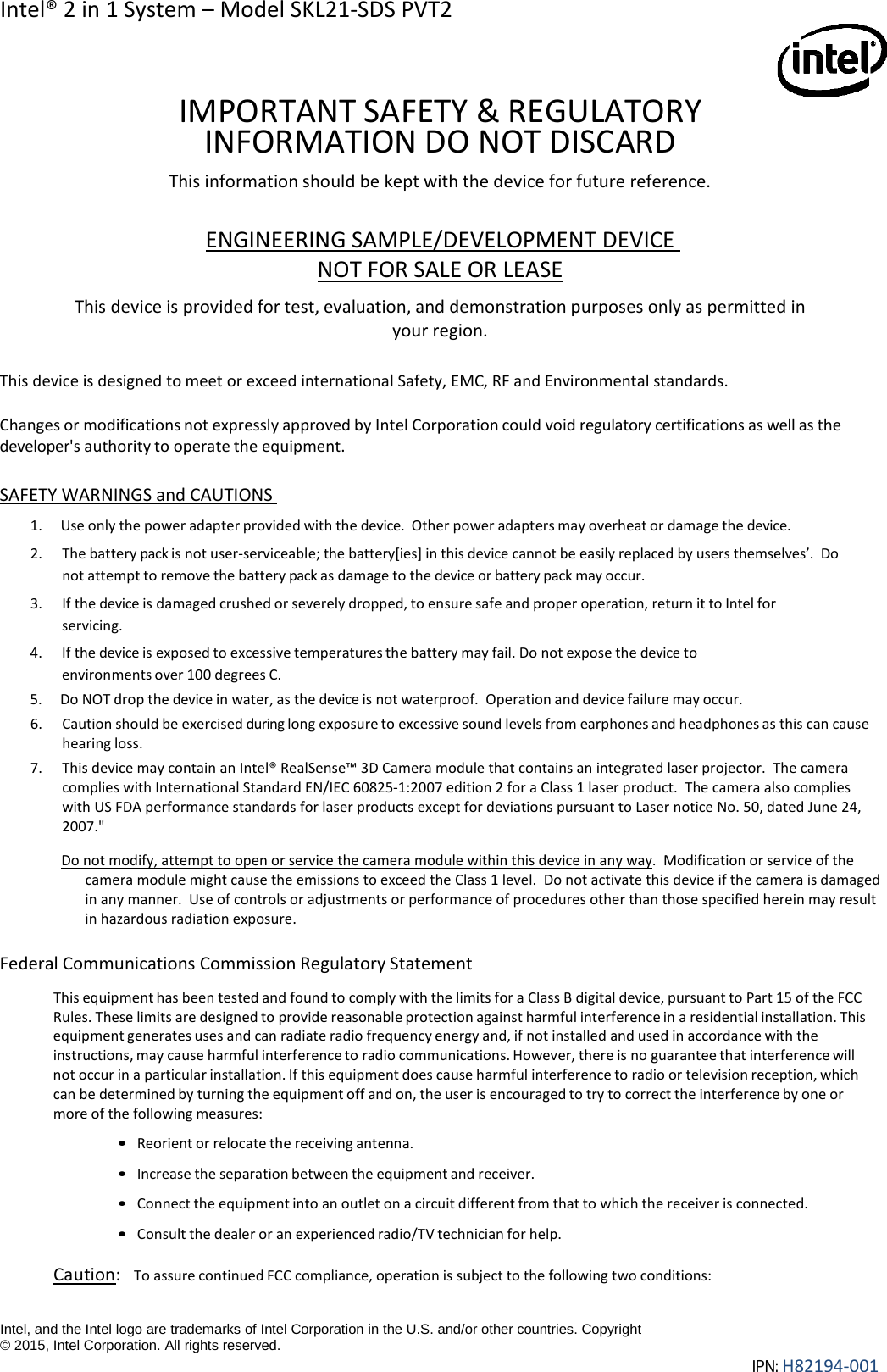Intel SKL21SDS SKL21-SDS User Manual IMPORTANT SAFETY INFORMATION