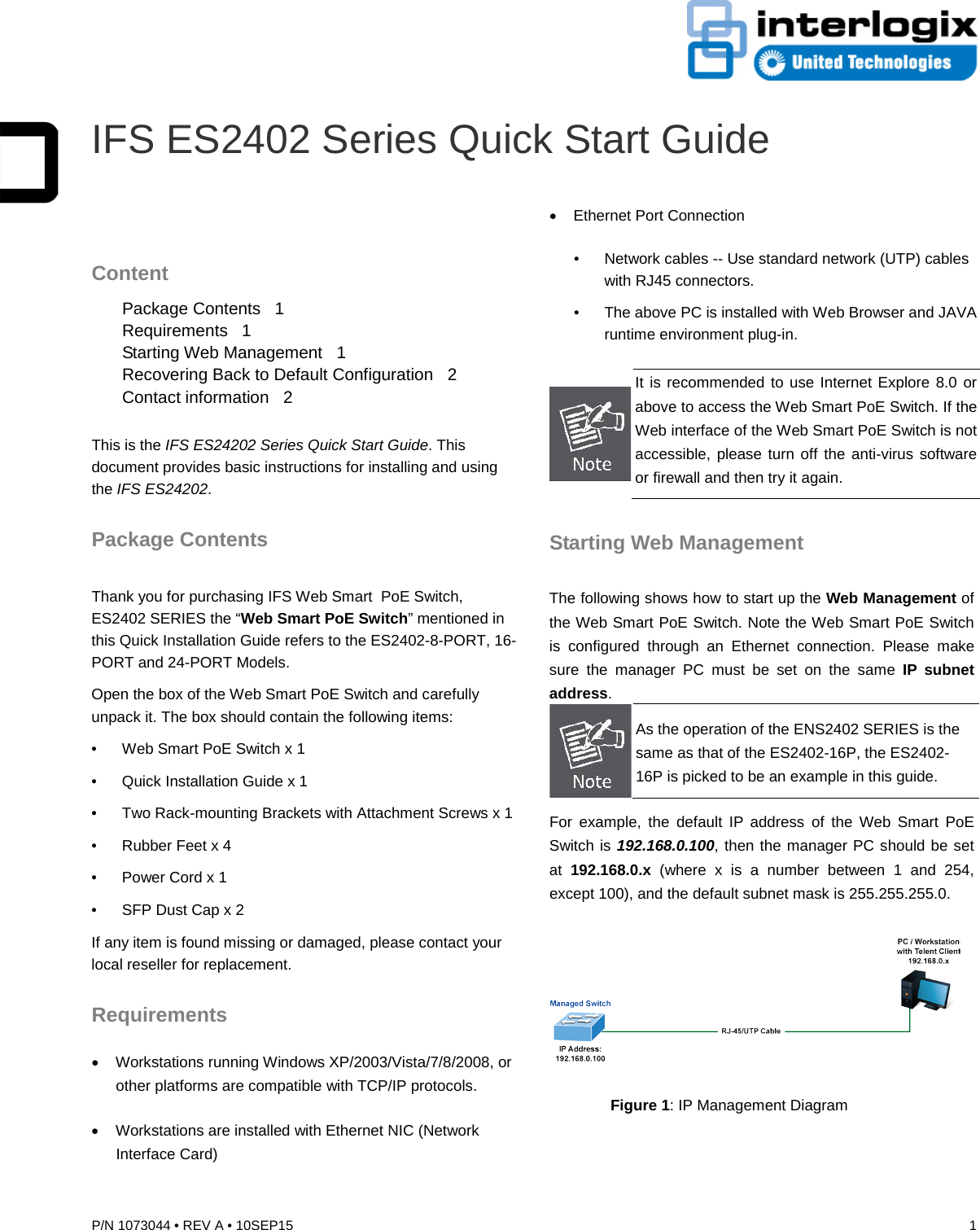 InterLogix 1073044 A Ifs Es2402 Series Quick Start Guide En User Manual
