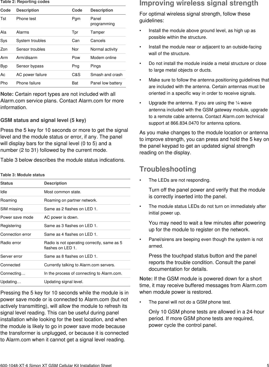 600 1048 XT 6 Simon GSM Cellular Kit Installation Sheet 466 2291 REV C ...