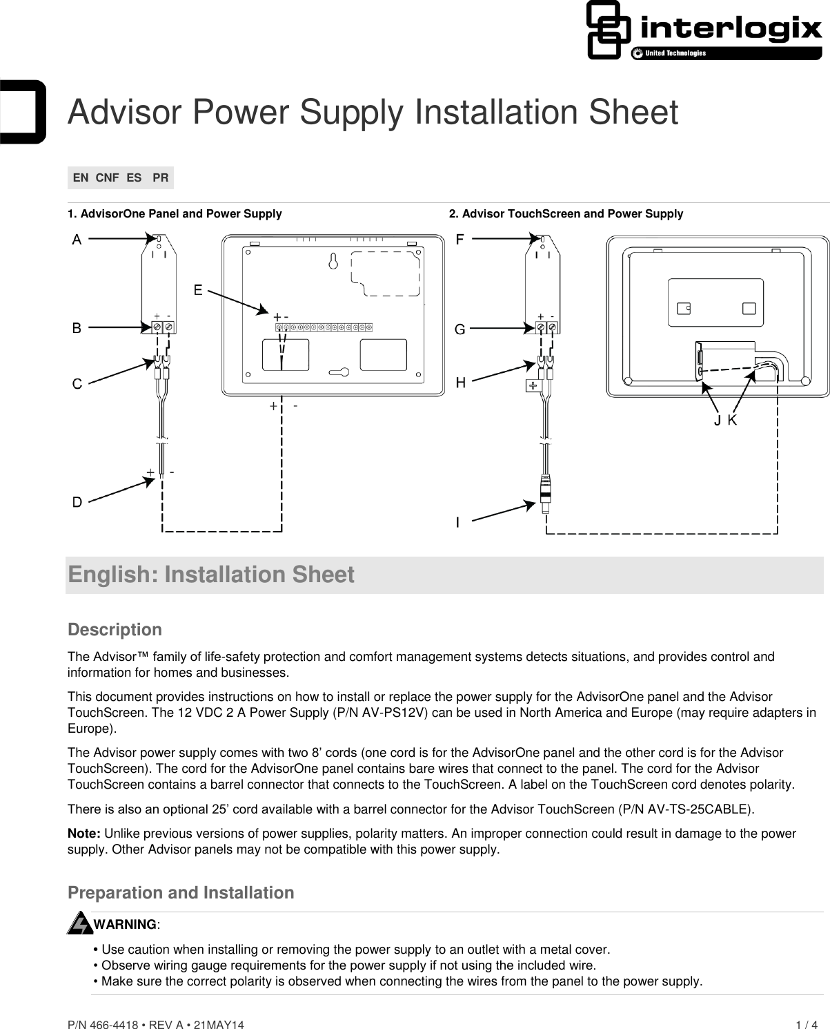 InterLogix 466 4418 Advisor Power Supply Install Installation Sheet User Manual