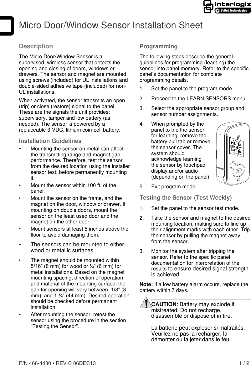 Micro Door/Window Sensor Installation Instructions 466 4430 Rev C TX ...