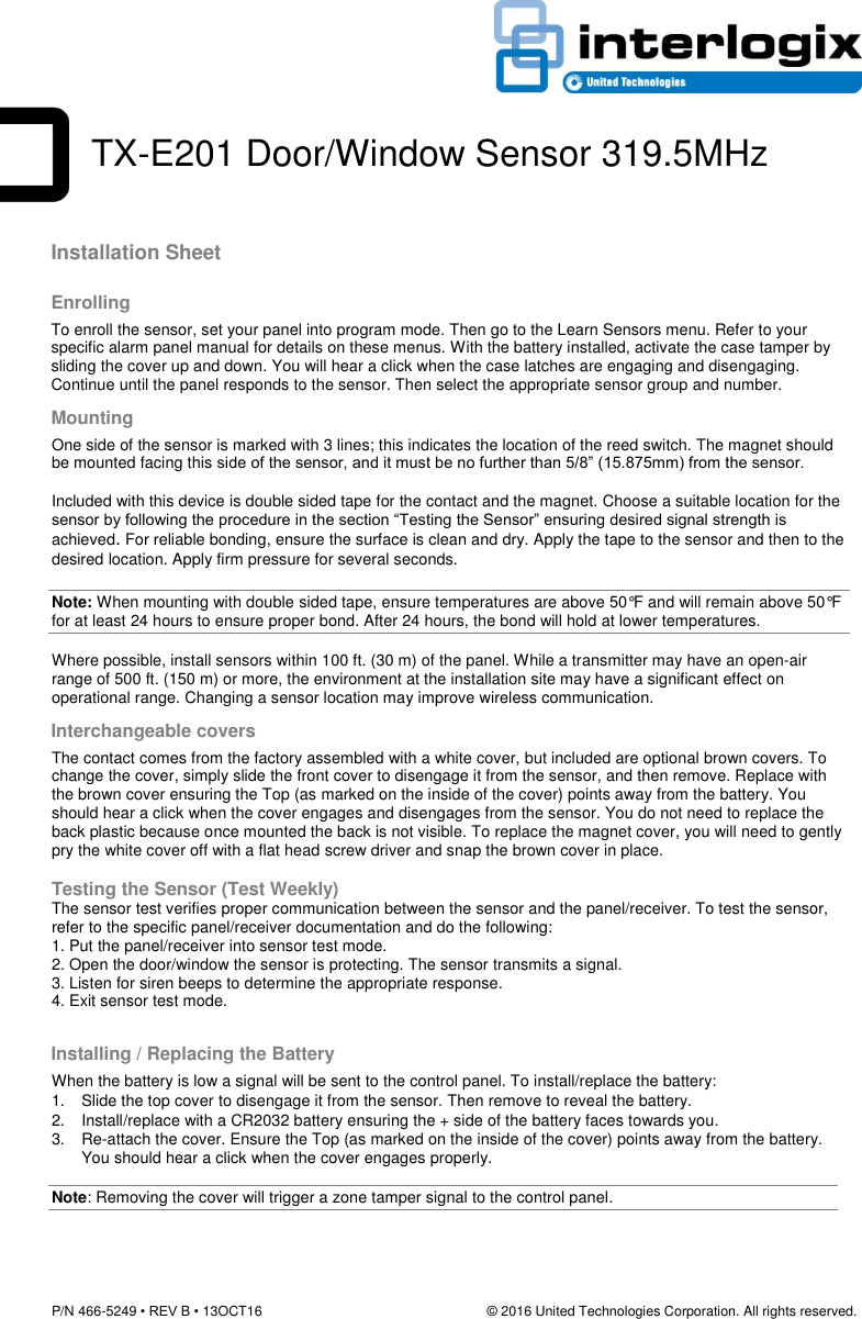 InterLogix 466 5249 Rev B Tx E201 Doorwindow Sensor 319.5 Mhz Installation Sheet User Manual