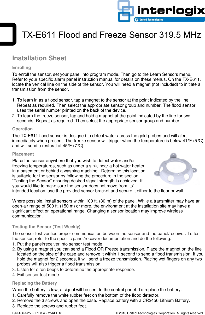InterLogix 466 5253 A Tx E611 Flood And Freeze Sensor Installation Sheet User Manual