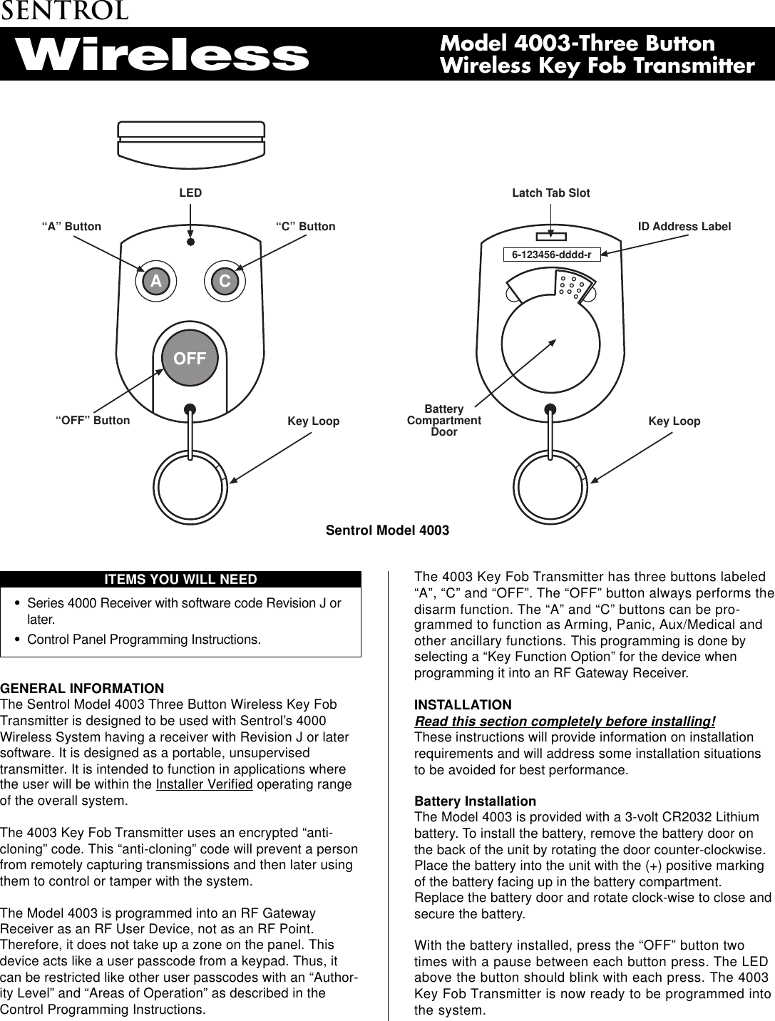 4003 Instr 1030488A Sentrol Install Instructions 1999