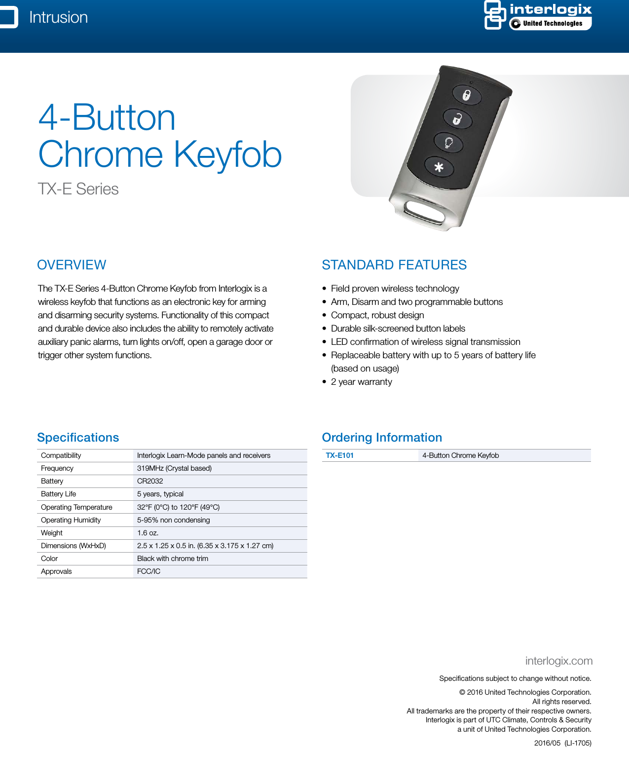InterLogix Tx E101 4 Button Chrome Keyfob Datasheet Web Data Sheet M5 ...