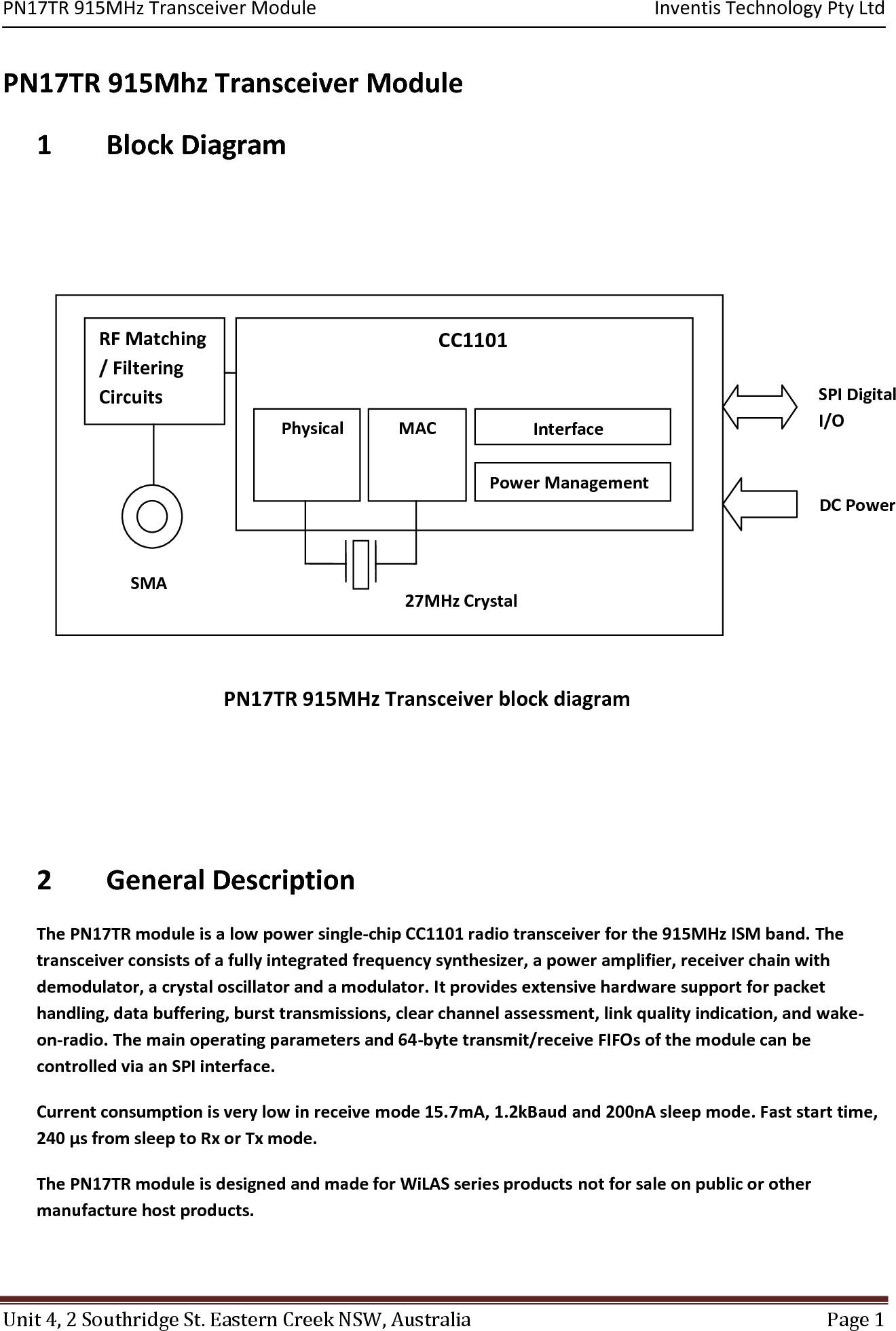 Inventis Technology PN17TR 915Mz Transceiver Module User Manual ...