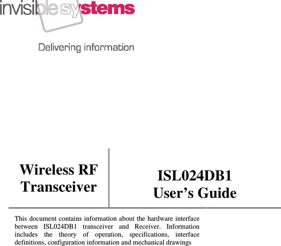 Invisible Systems ISL024DB1 ISL024DB1 Radio Transceiver User Manual manual