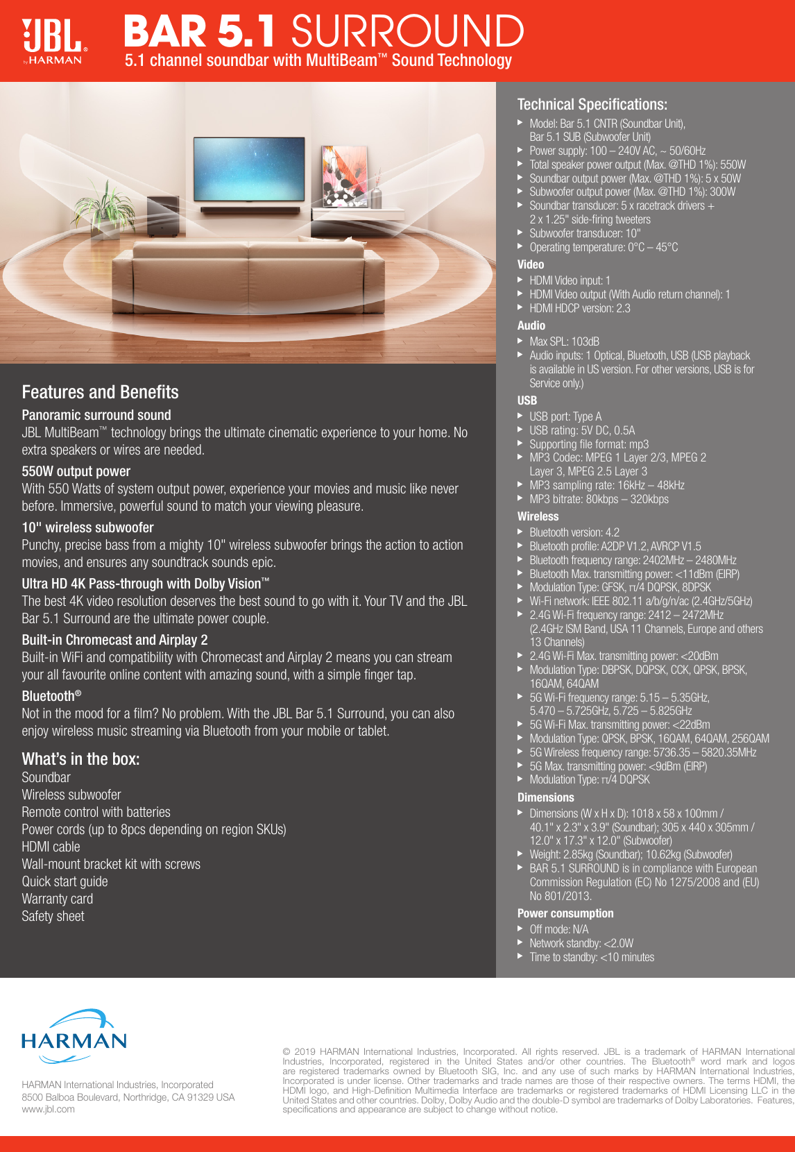 JBL Bar 5.1 Surround Spec Sheet English