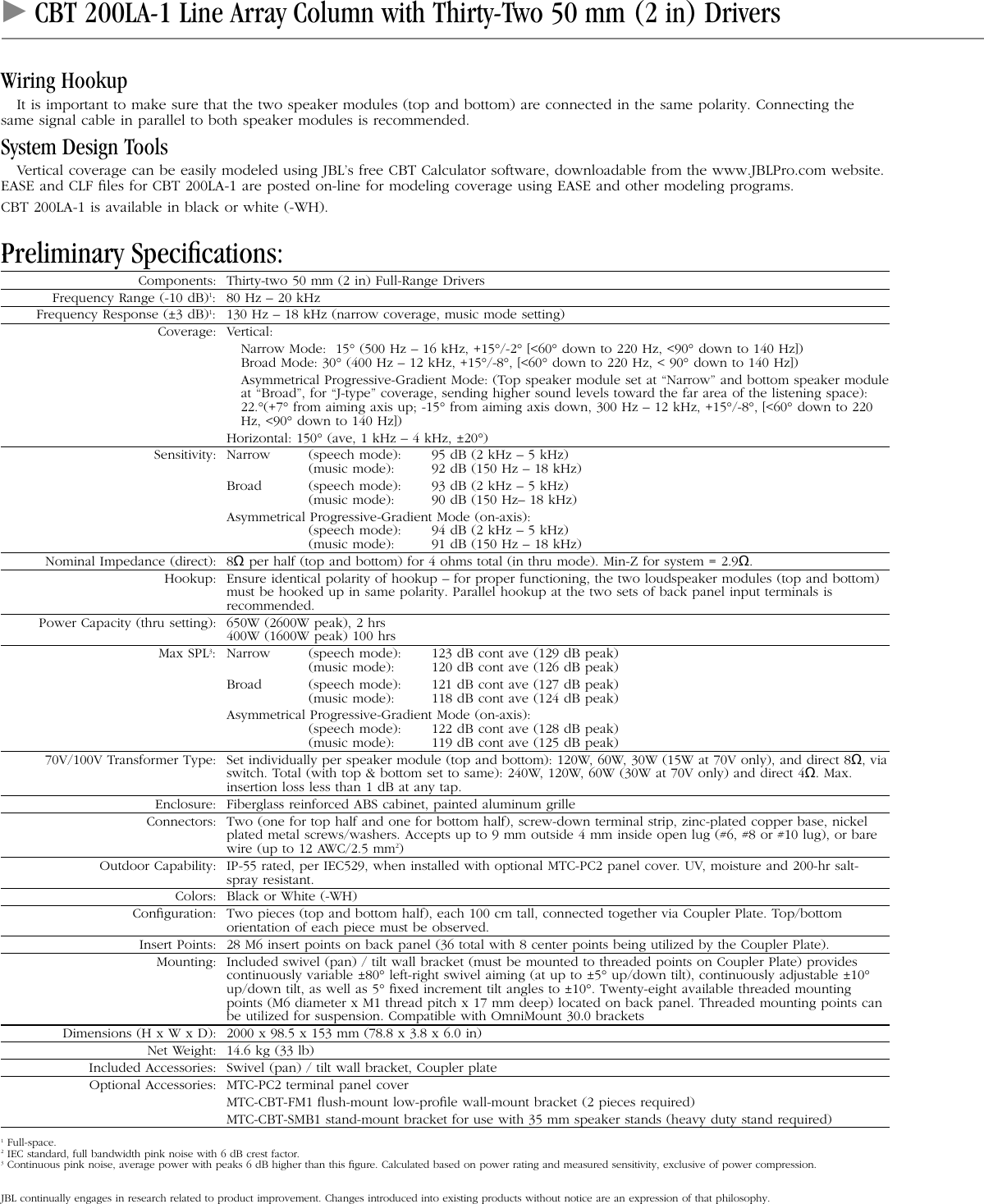 JBL CBT200LA 1 Spec Sheet V3