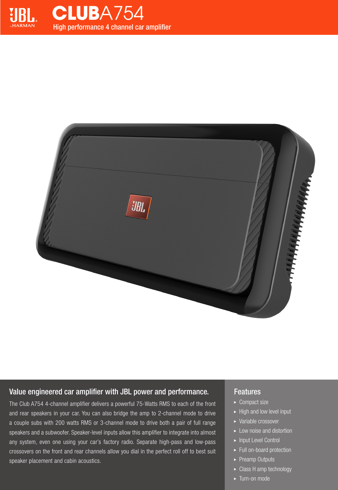 JBL Club Amplifier A754 Spec Sheet English