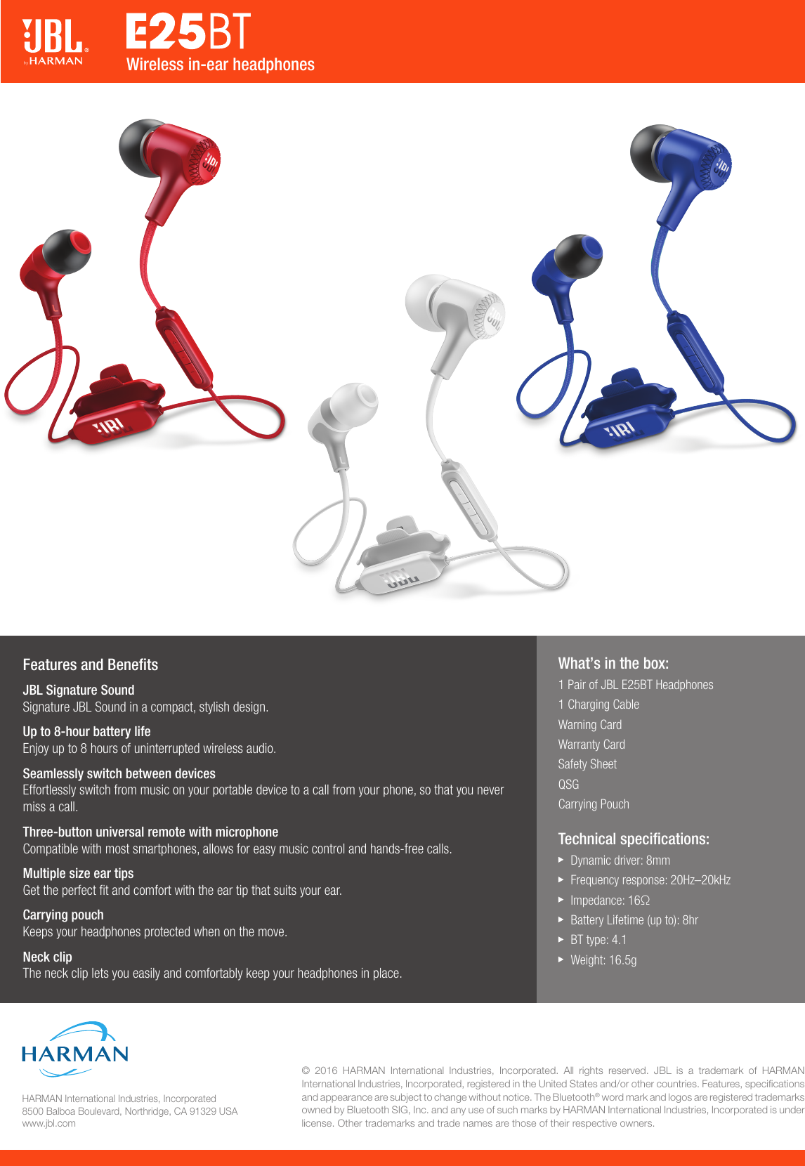 JBL E25BT Spec Sheet English EMEA