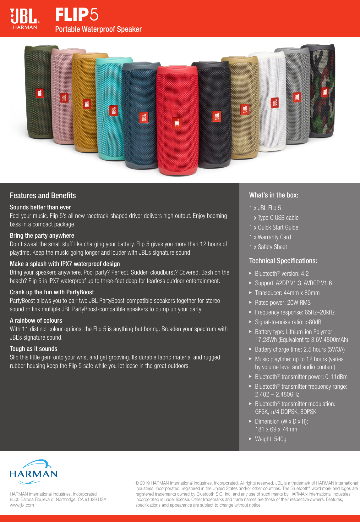JBL Flip 5 Spec Sheet English