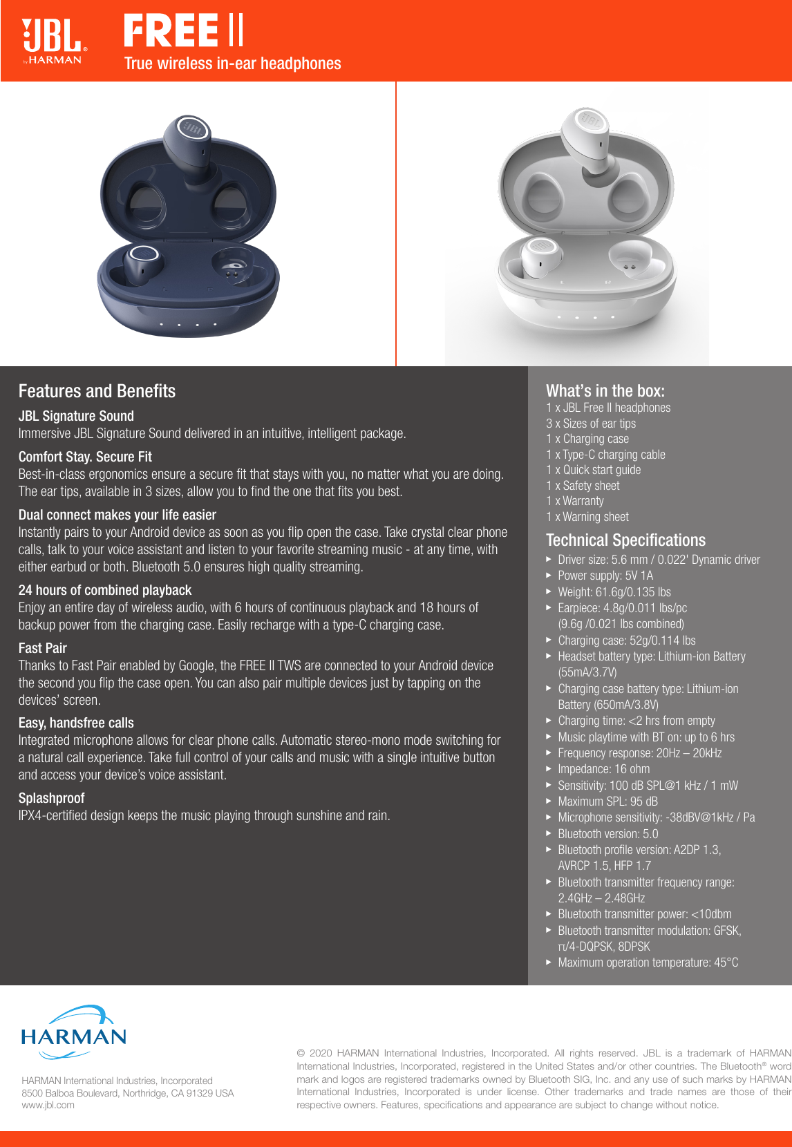JBL Free II Spec Sheet English