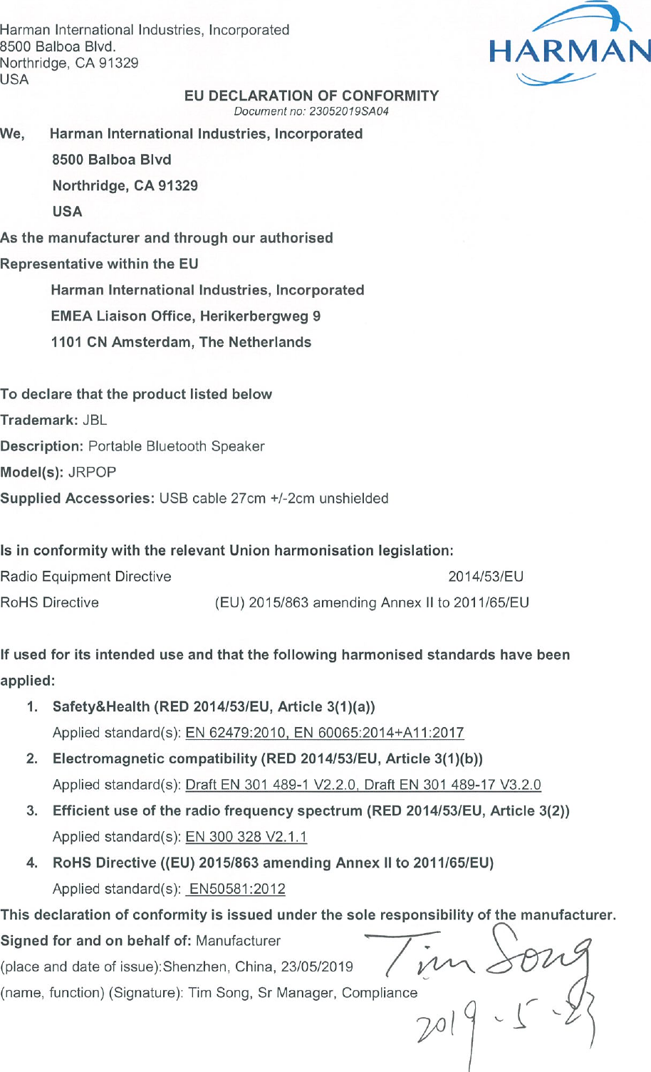 JBL JRPOP Declaration Of Conformity