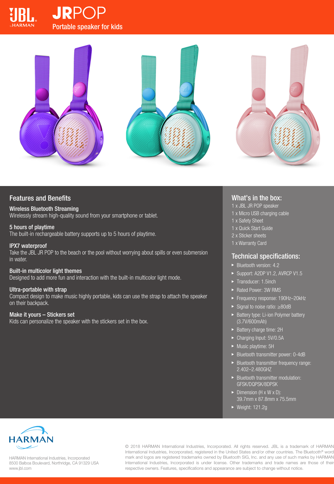 JBL JRPOP Spec Sheet English