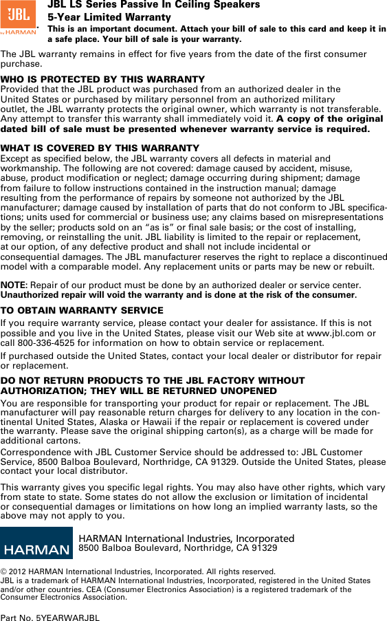 JBL LS Series In Ceiling 5 Yr