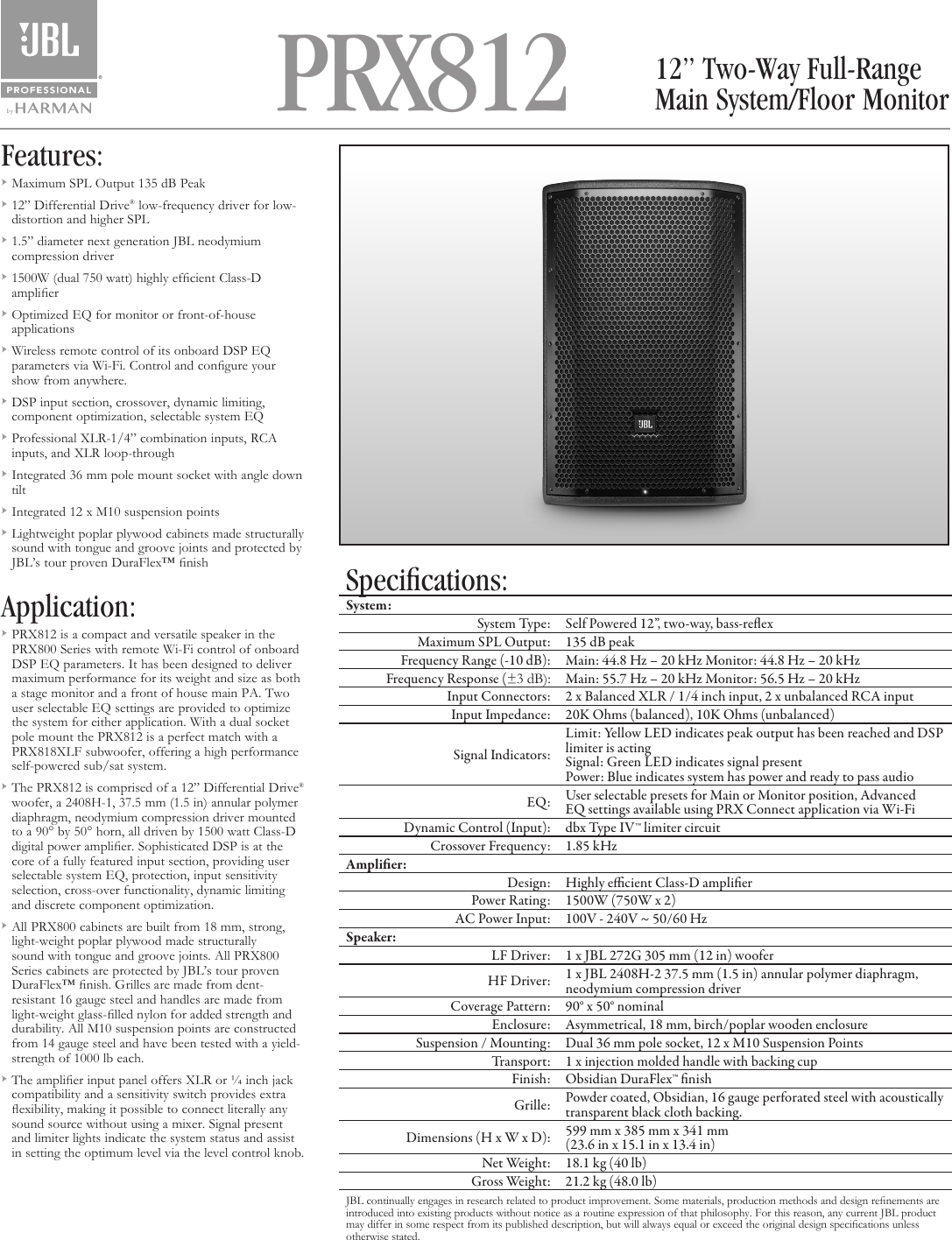 JBL PRX812 Spec Sheet 12 16 19