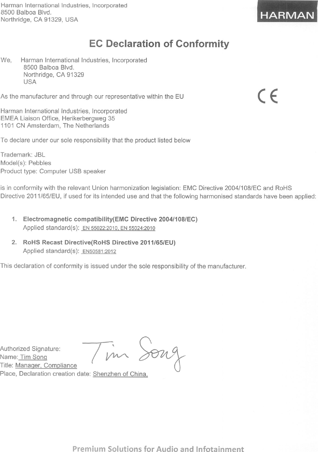 JBL Pebbles Declaration Of Conformity