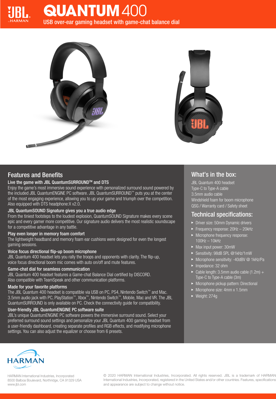 JBL Quantum 400 Spec Sheet English