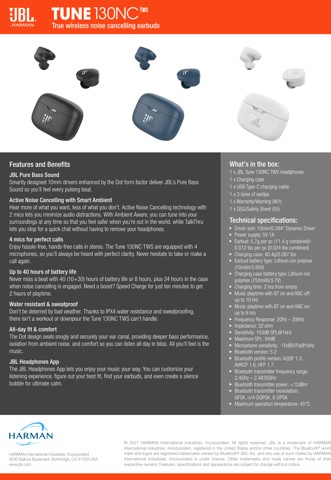 JBL Tune 130NCTWS Spec Sheet USA English