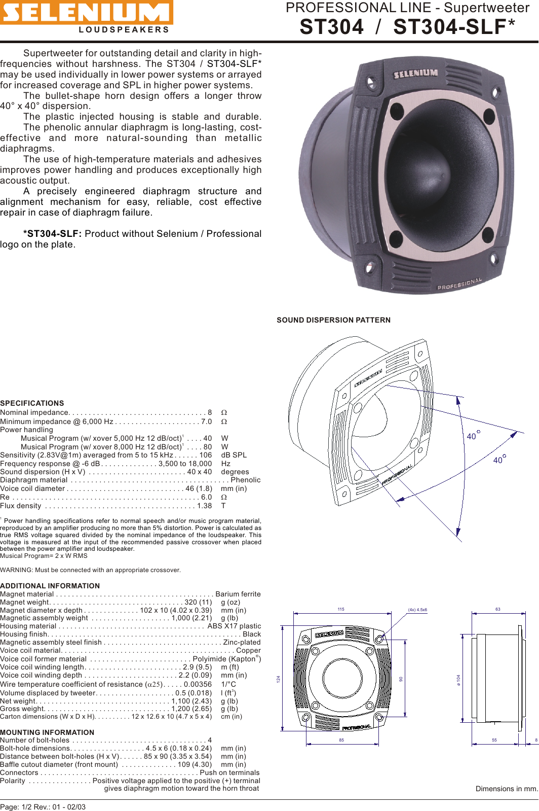 JBL ST304 Rev. 01 02 03 I Spec Sheet