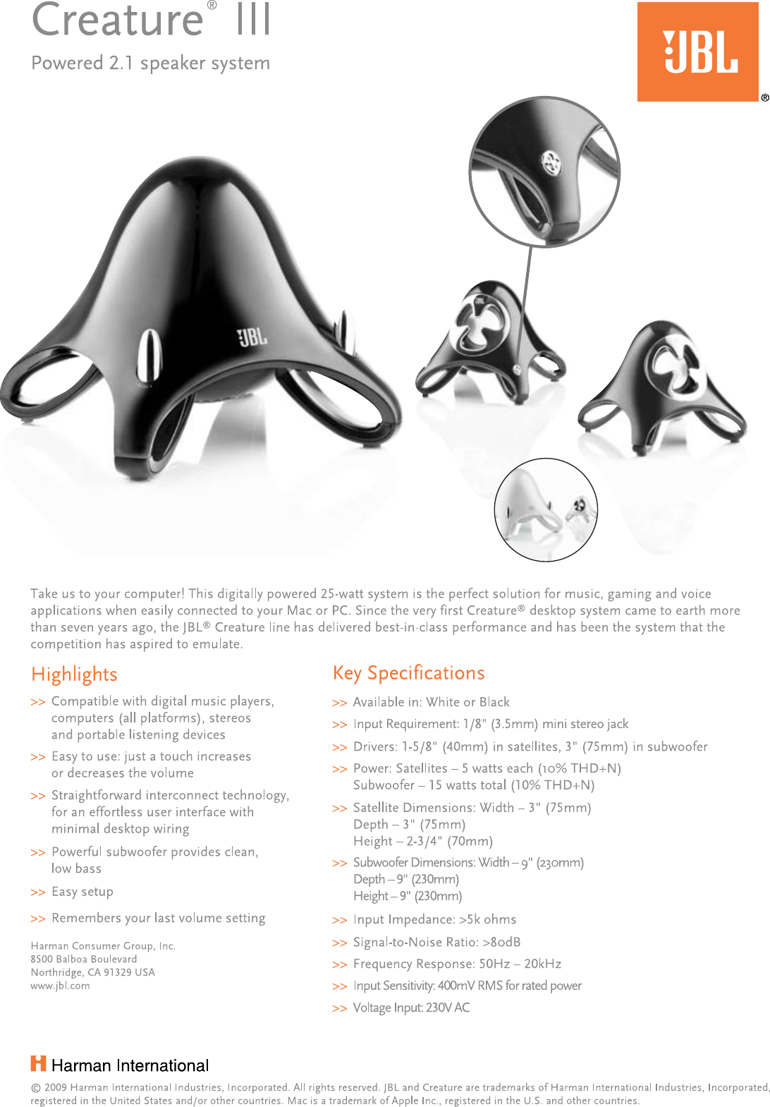 JBL JBLH1871 english Specification Sheet Creature III English JBL JBLH1871 english Specification Sheet Creature III English