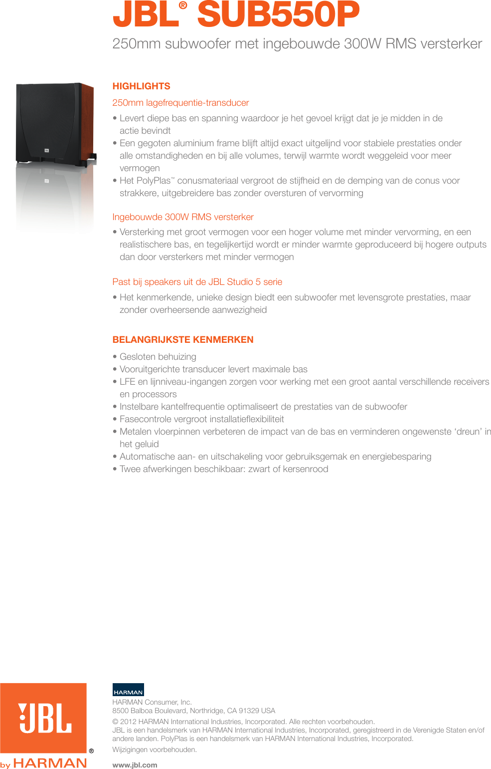 JBL Specification Sheet SUB 550P (Dutch)