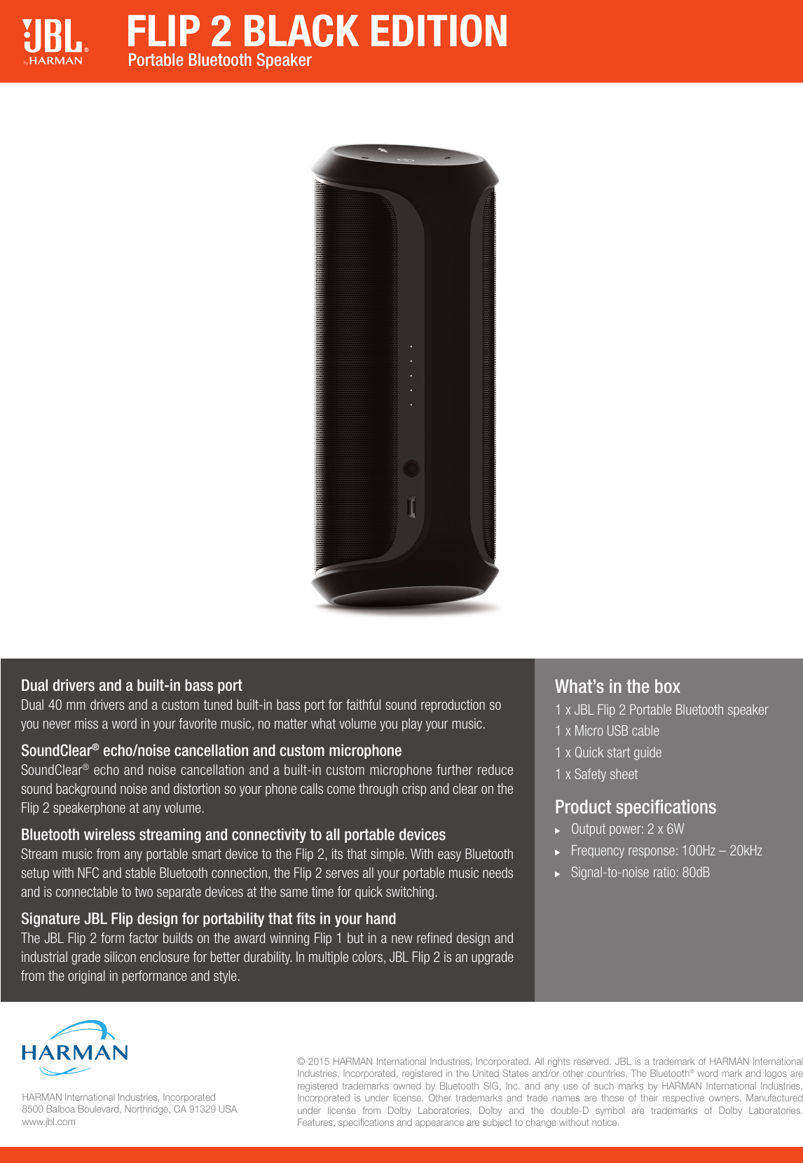 JBL TR01118_JBL_FLIP_II_English_Spec_Sheet Specification Sheet Flip 2 ...