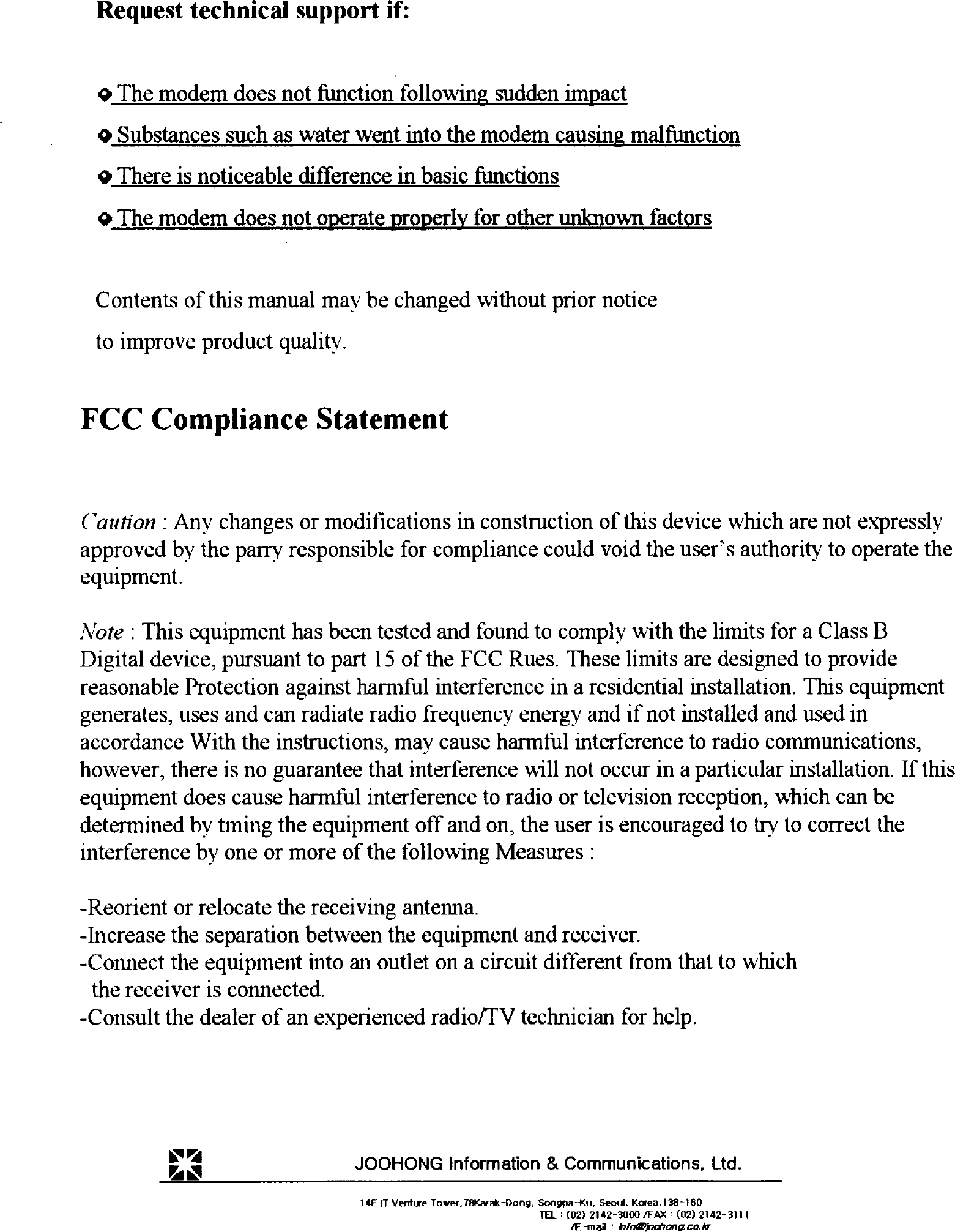 JOOHONG Information and Communications SL2800-A001 Cable Modem User Manual