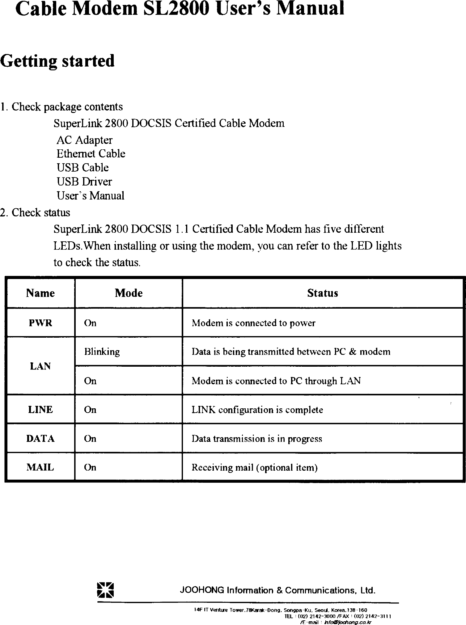 JOOHONG Information and Communications SL2800-A001 Cable Modem User Manual