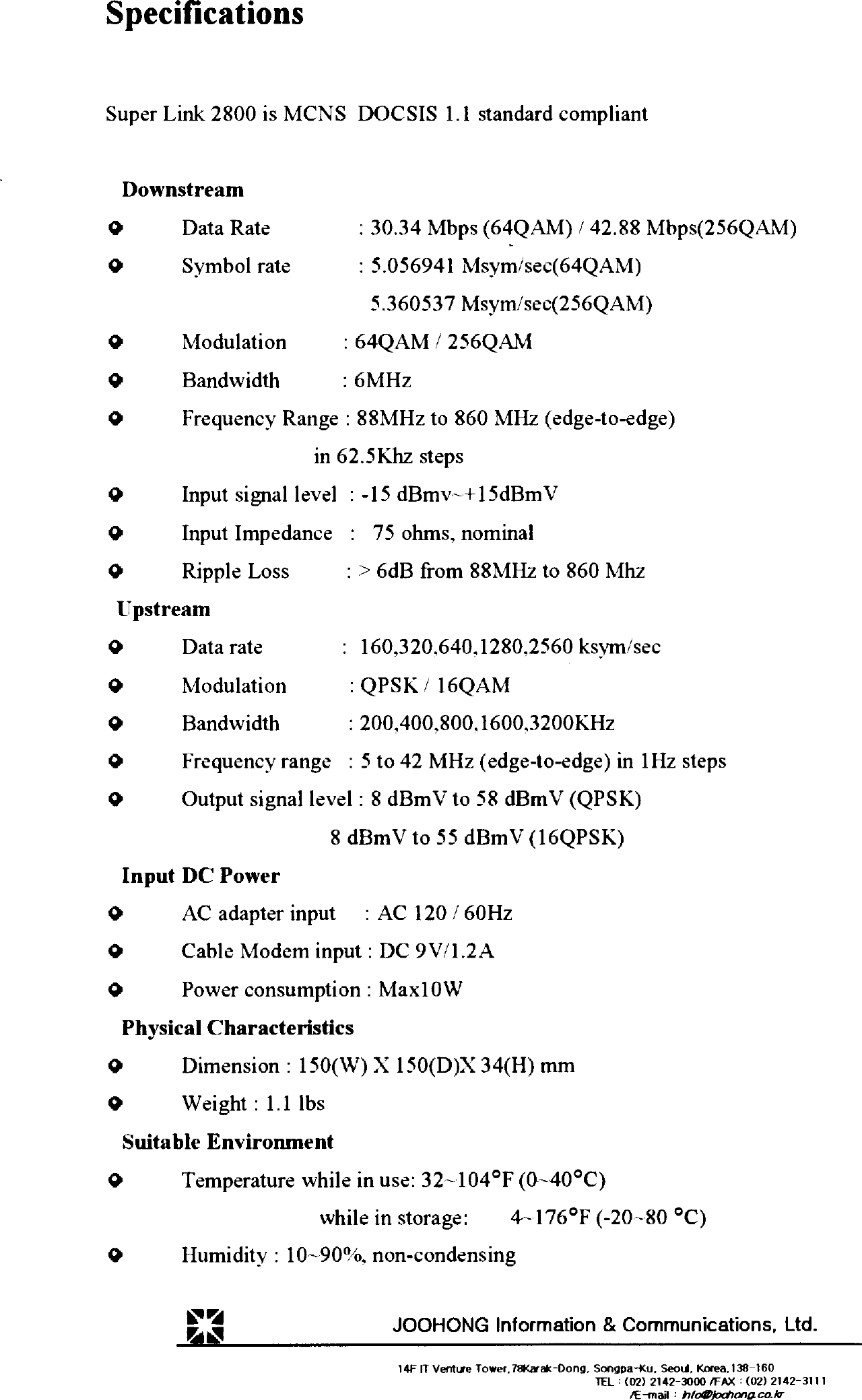 JOOHONG Information and Communications SL2800-A001 Cable Modem User Manual