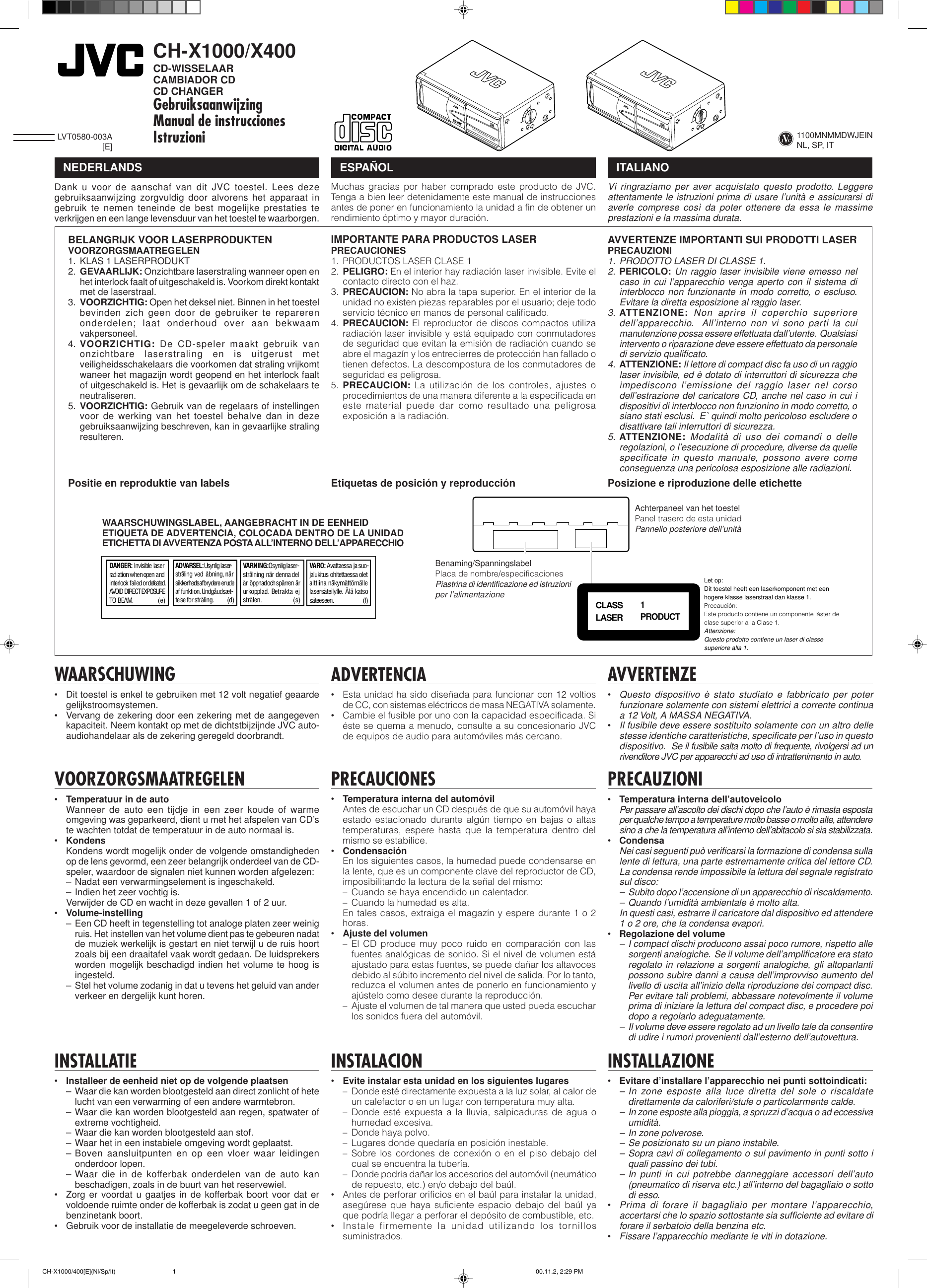 JVC CH X1000 X1000/400[E](Nl/Sp/It) User Manual LVT0580 003A