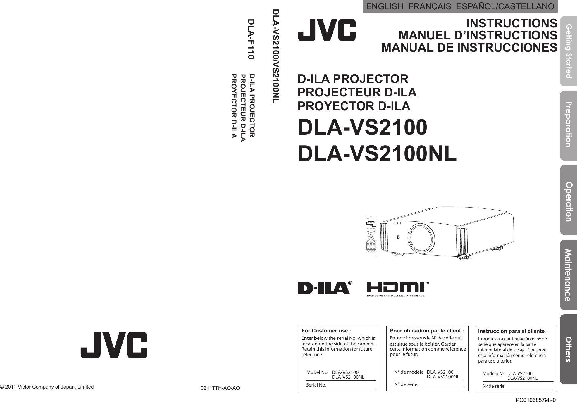 JVC DLA VS2100 User Manual VS2100, VS2100NL PC010685798 0