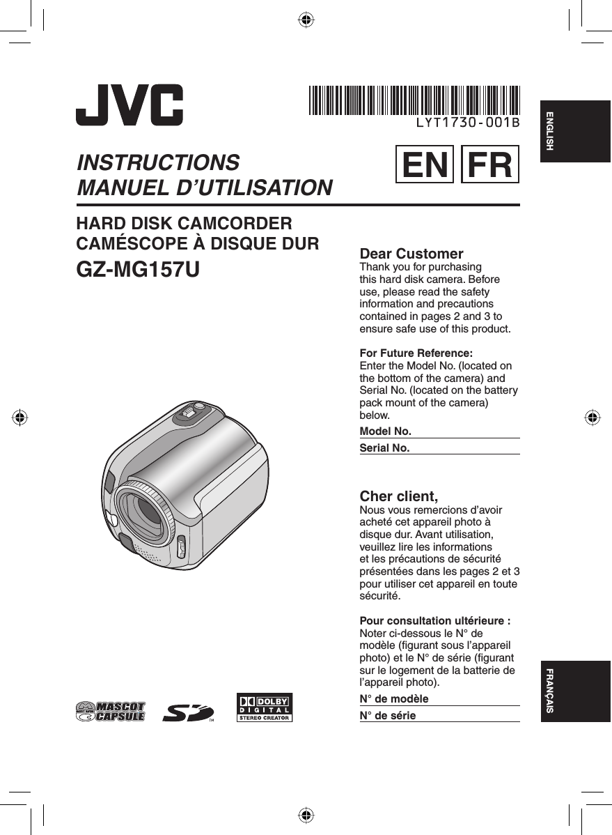 JVC GZ MG157US M7E3 User Manual Instructions LYT1730 001B