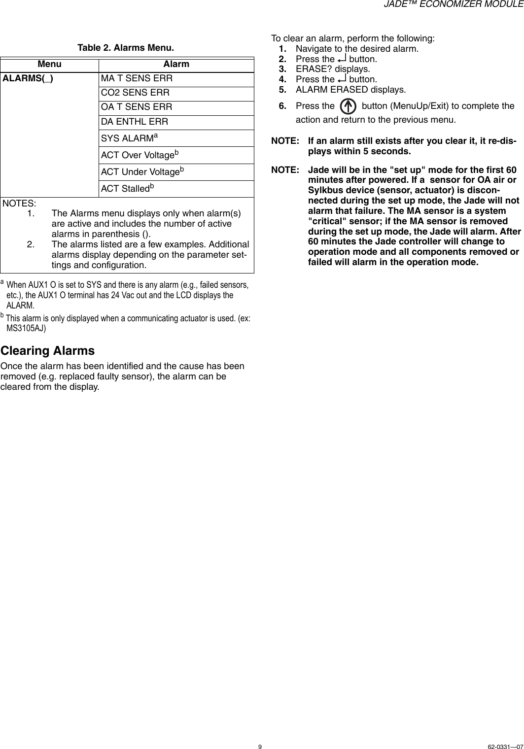 Jade Range W7220 Users Manual 62 0331—07 JADE™ Economizer Module