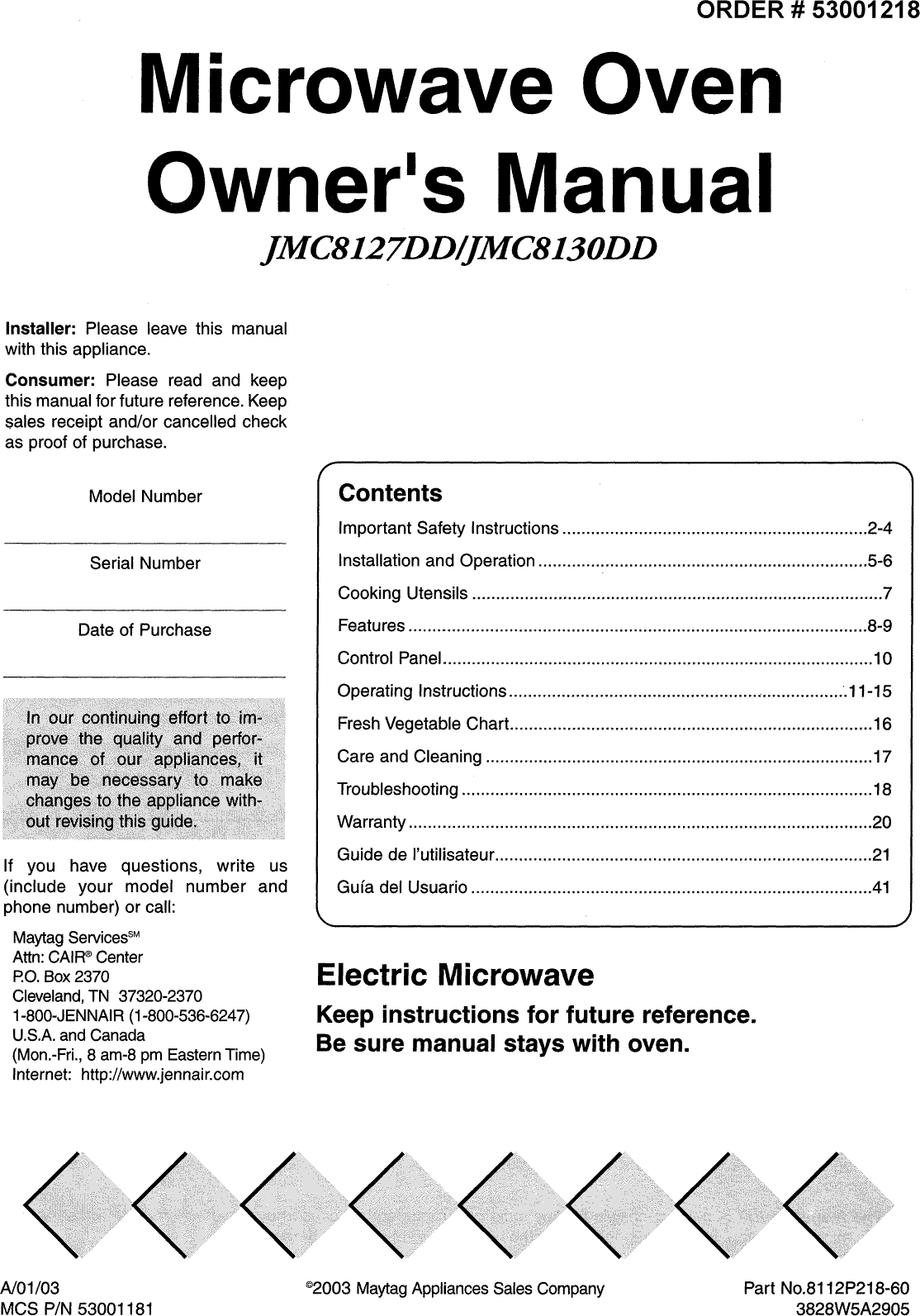 Jenn Air JMC8127DDB User Manual COOKING Manuals And Guides L0810231
