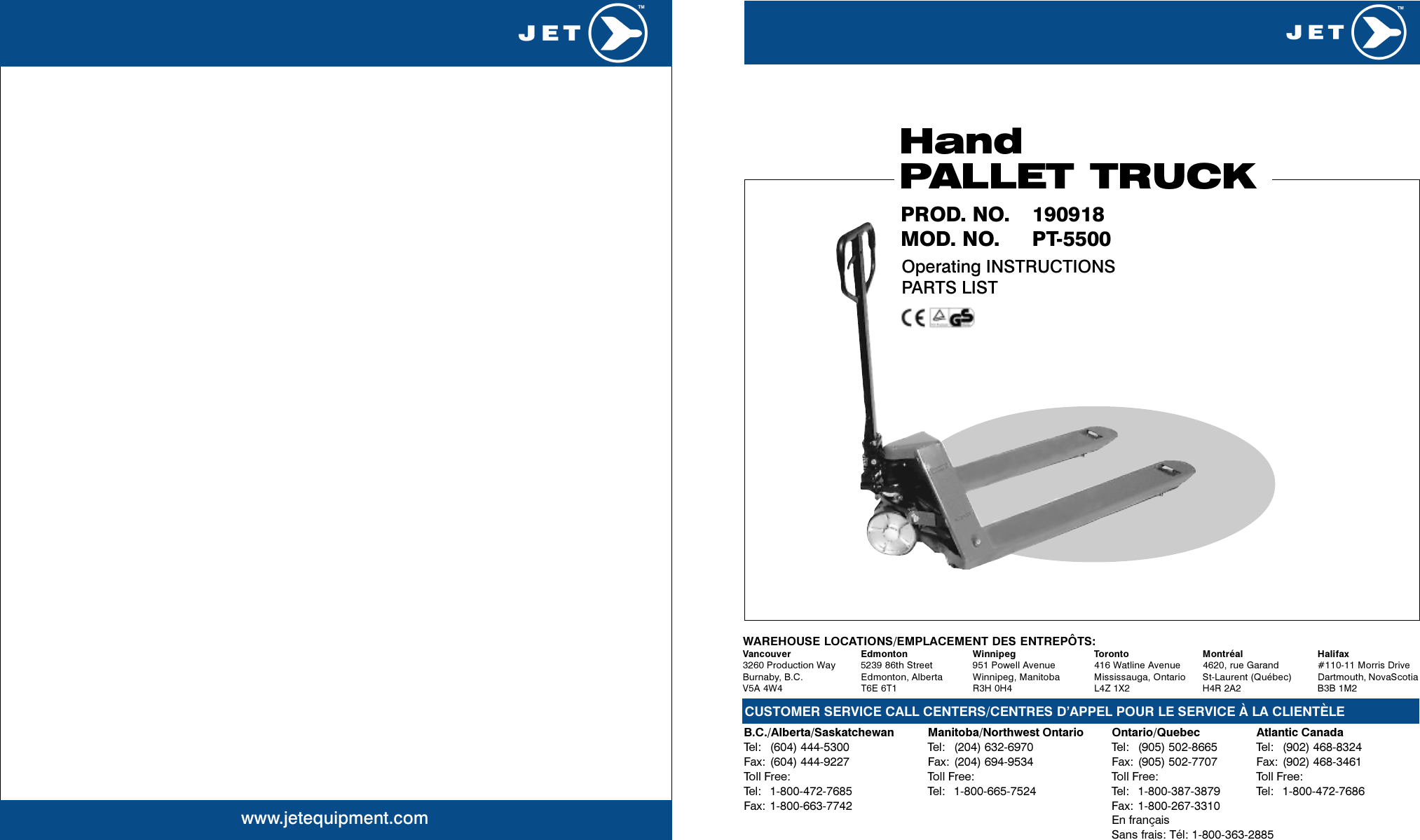 Jet Airways Hand Pallet Truck Pt 5500 Users Manual