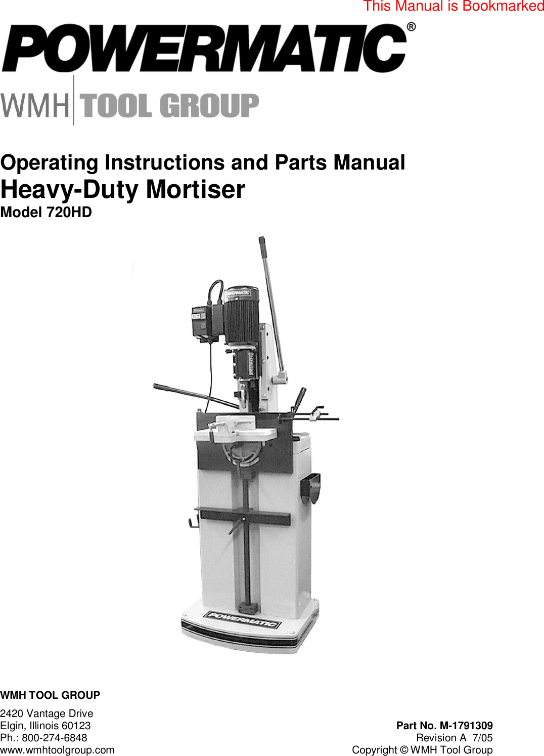 Jet Tools 720Hd Users Manual M 1791309 Mortiser Rev A