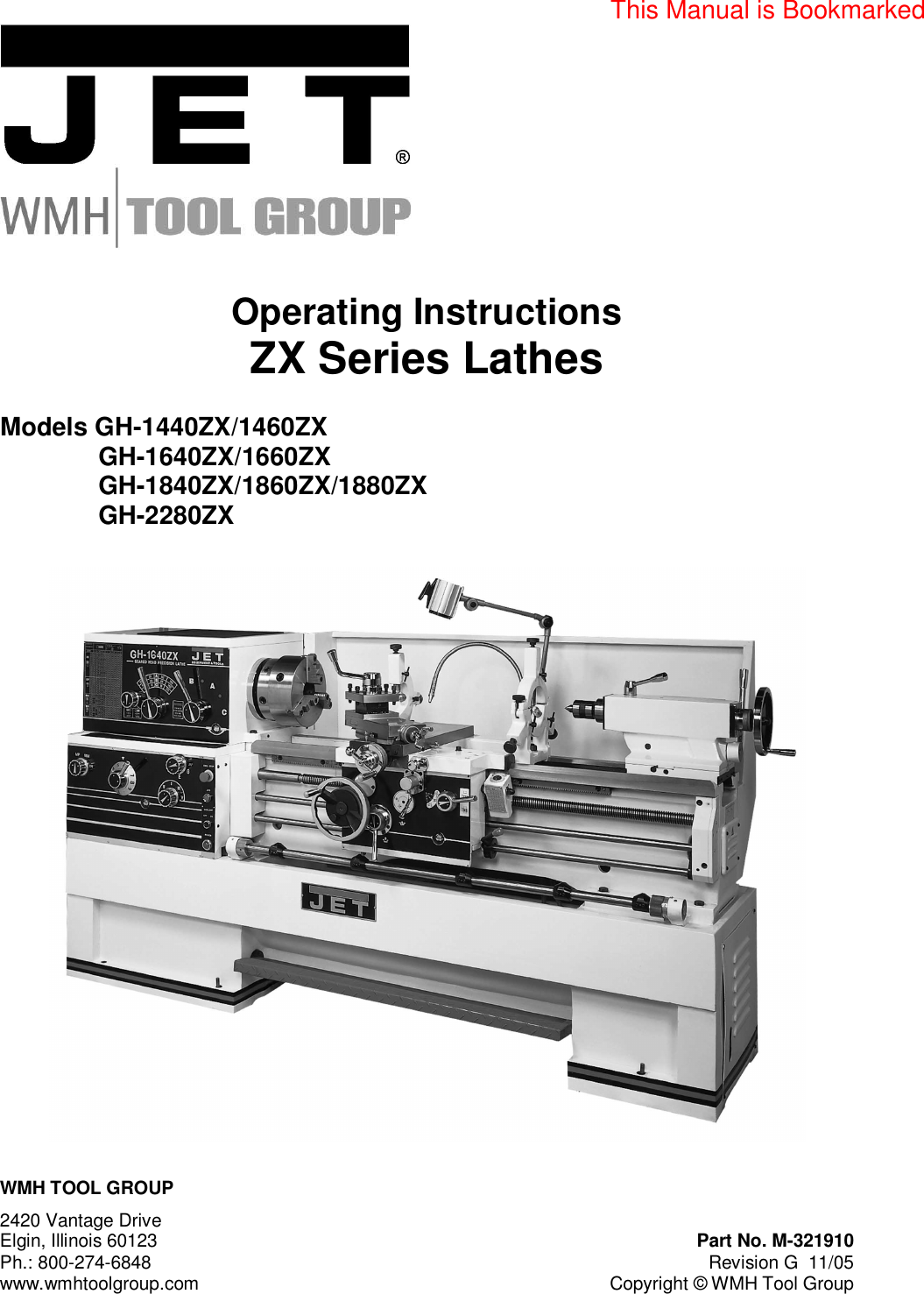 Jet Tools Gh 1440Zx Users Manual M 321910 ZX Lathes Instruction Rev G
