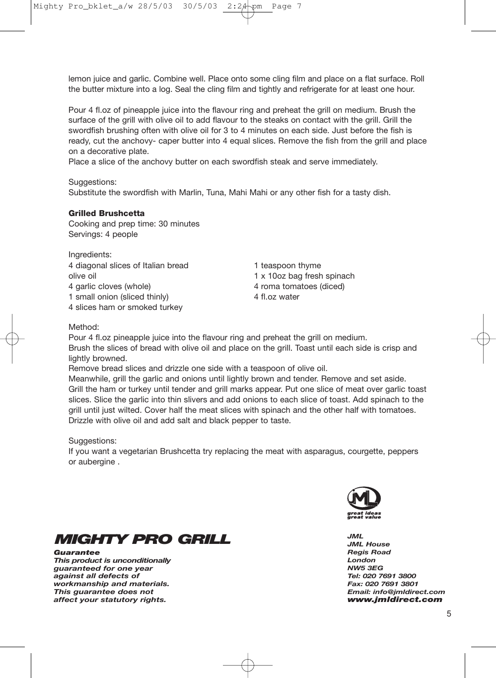 John Mills Mighty Pro Grill Users Manual