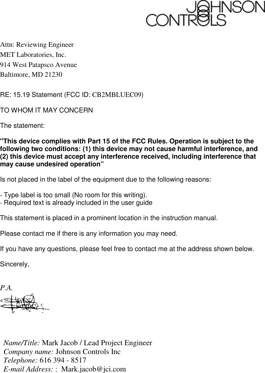 Johnson Controls Interiors MBLUEC09 JCI Bluetooth Module (BlueConnect ...