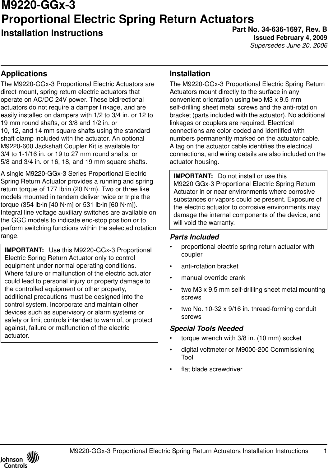 Johnson Controls M9220 Ggx 3 Users Manual Proportional Electric Spring ...