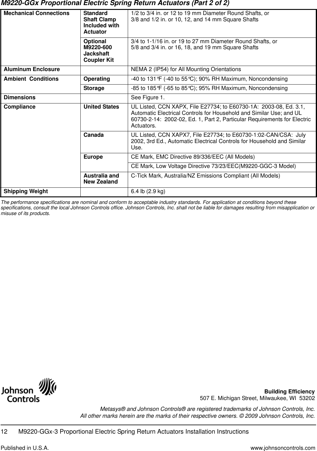 Johnson Controls M9220 Ggx 3 Users Manual Proportional Electric Spring ...