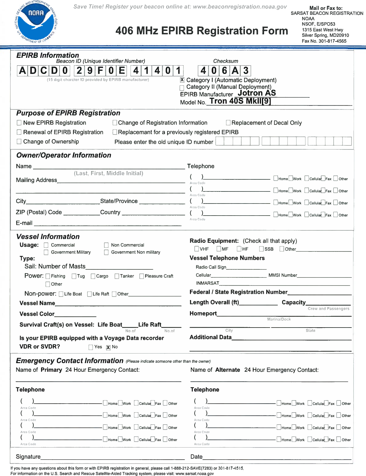 Jotron AS TRON40VDR Float Free EPIRB with VDR User Manual Registration Form