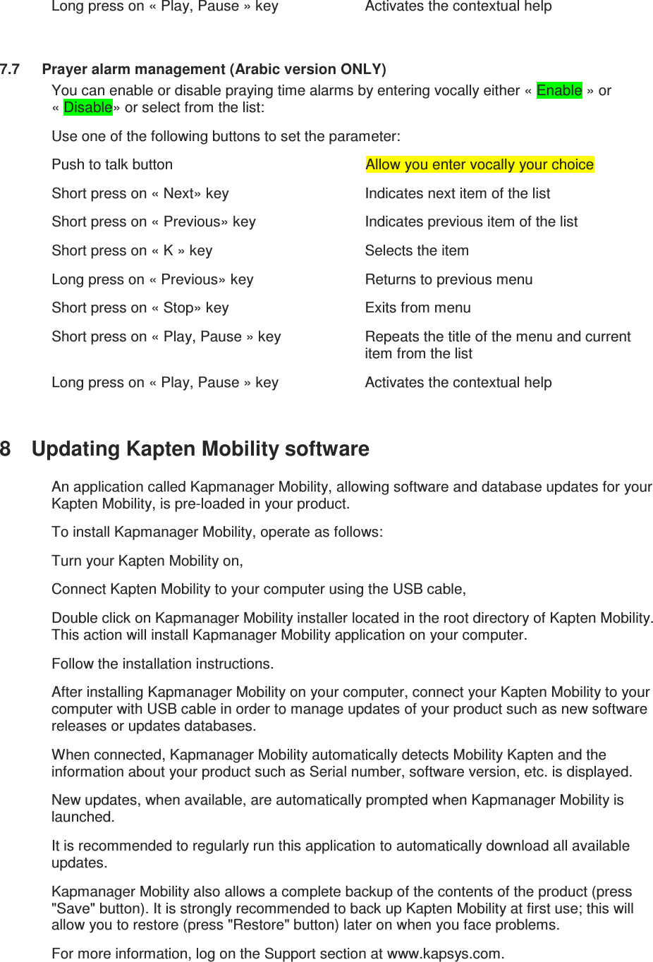 KAPSYS MOBILITY GPS Navigator with MP3 Player and audio book reader User Manual KAPTEN MOBILITY ...