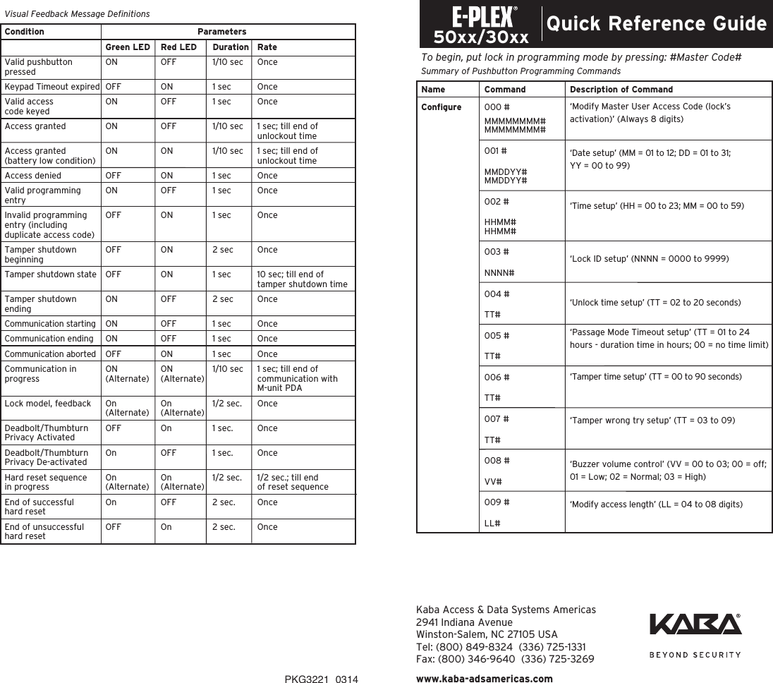 Kaba Access Lock Command Options With Descriptions E Plex 50xx/30xx ...