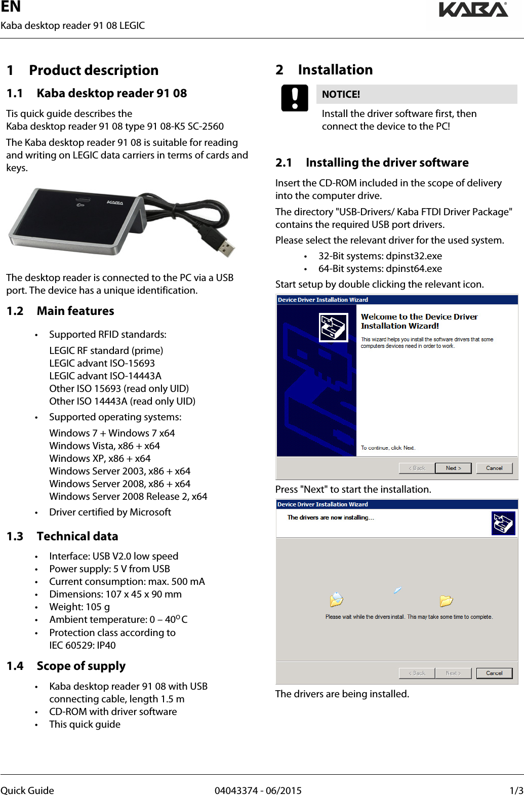 Kaba 9108L2 Desktop Reader User Manual