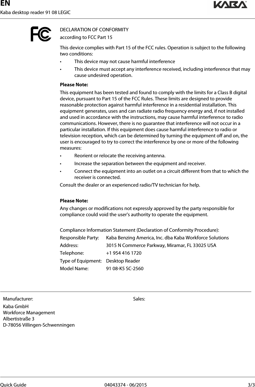 Kaba 9108L2 Desktop Reader User Manual